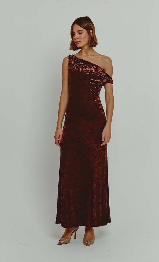 Chocolate Fallen Shoulder Burnout Dress – Rare London