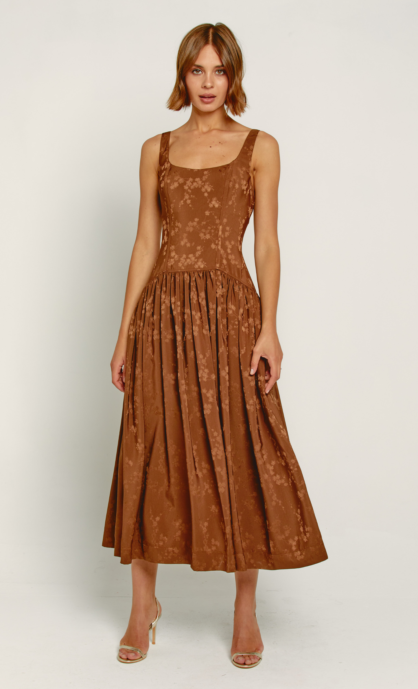Chocolate Floral Jacquard Full Midi Dress – Rare London