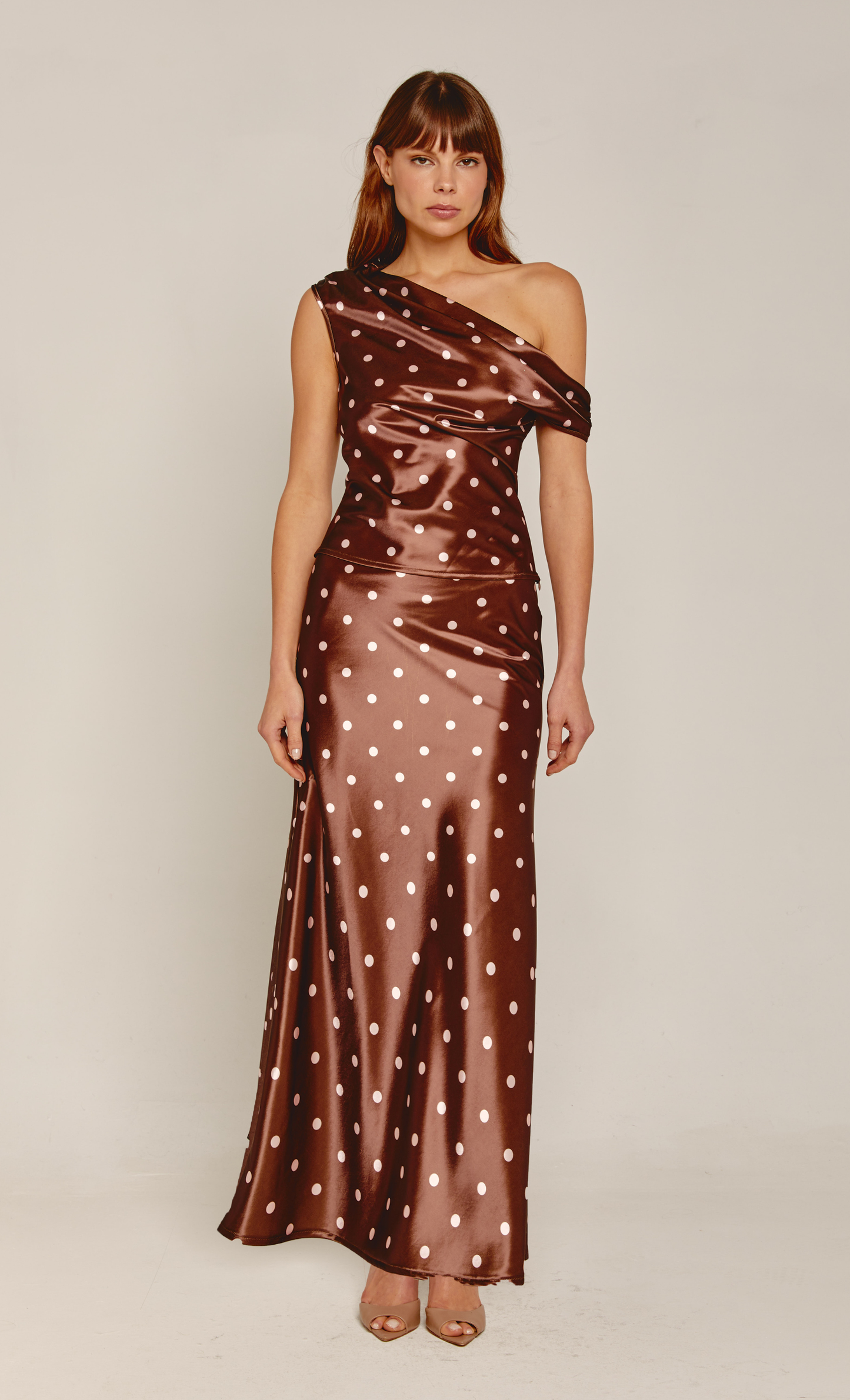 Chocolate & Pink Polka Dot Bias Maxi Skirt – Rare London