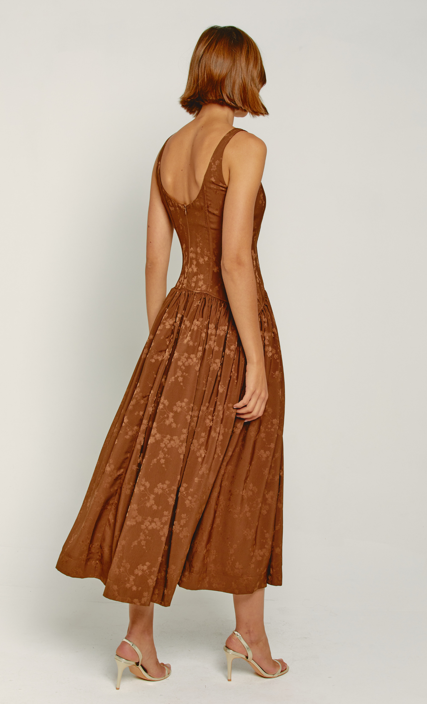 Chocolate Floral Jacquard Full Midi Dress – Rare London