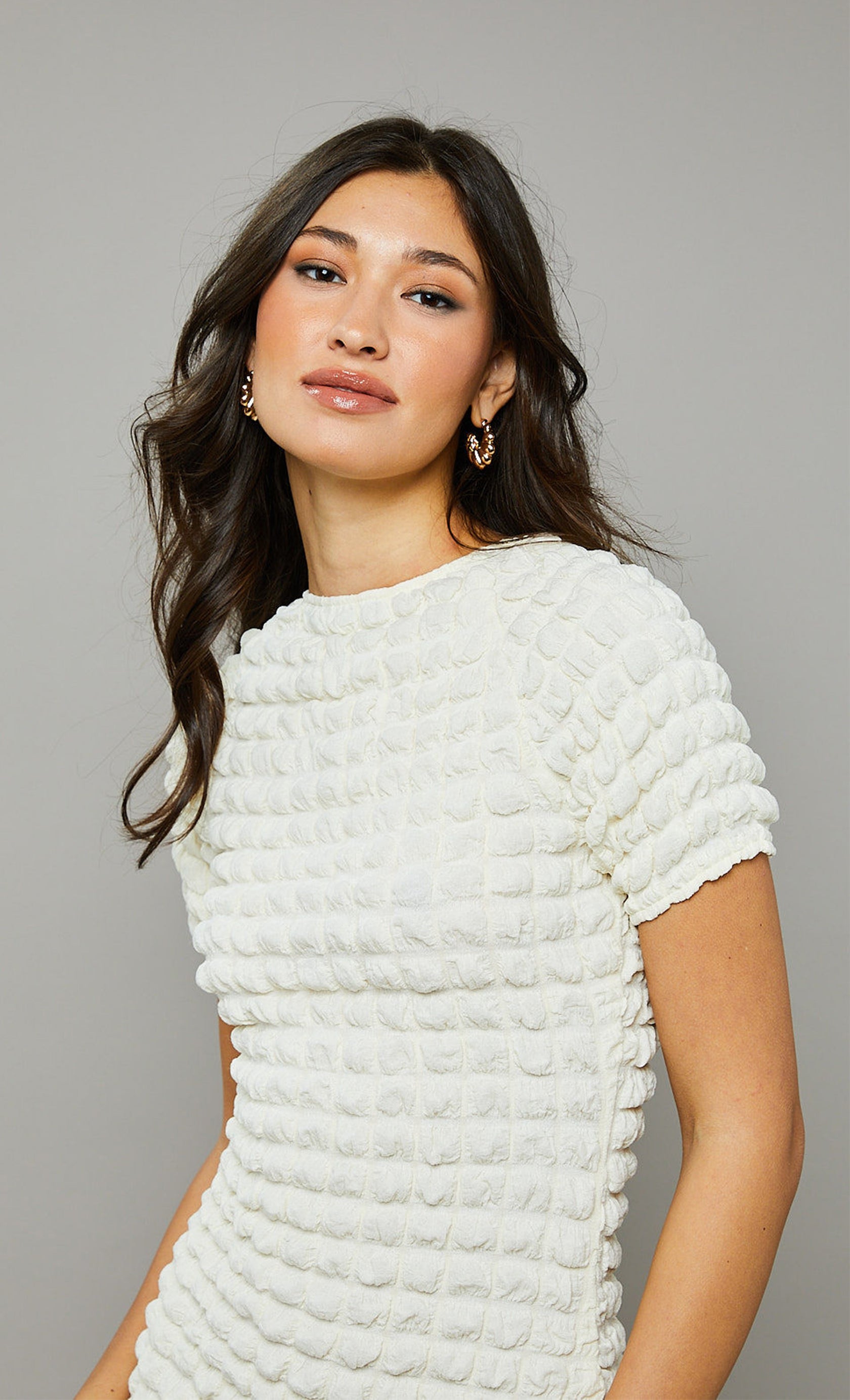 Cream Short Sleeve Popcorn Mini Dress – Rare London