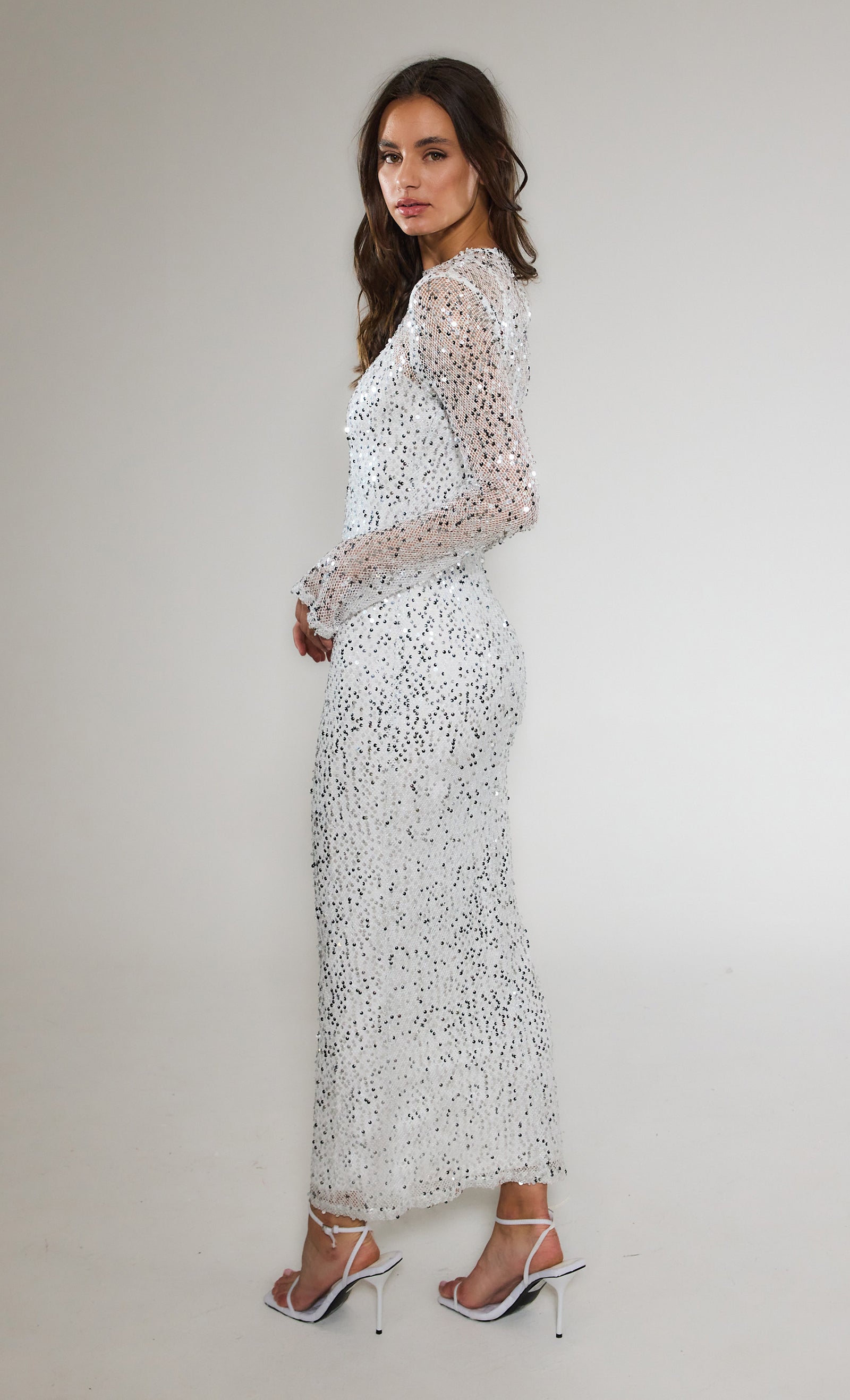 White Long Sleeve Sequin Maxi Dress – Rare London